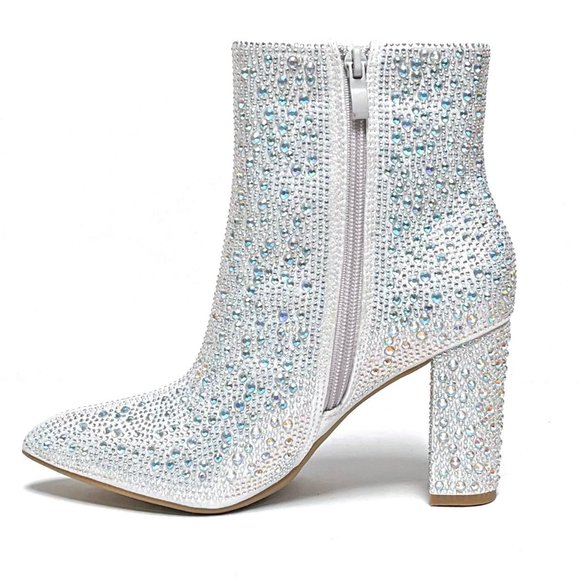 Shoes | New Silver Blingy Rhinestone Pointed Toe Chunky Heel Ankle ...